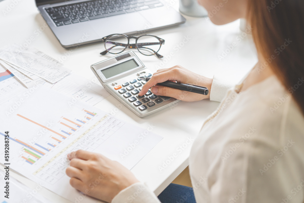 Account finance, asian young business woman hand use calculator for ...