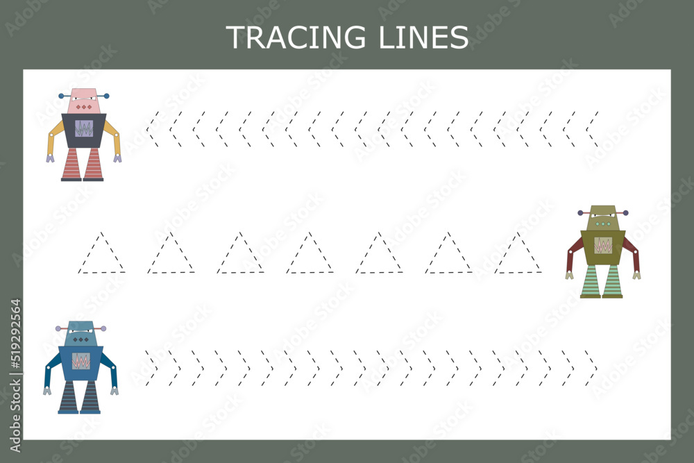 Trace line worksheet with robots for kids, practicing fine motor skills ...