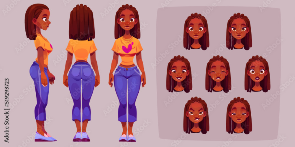 Black woman character for animation, side, rear, front view and ...