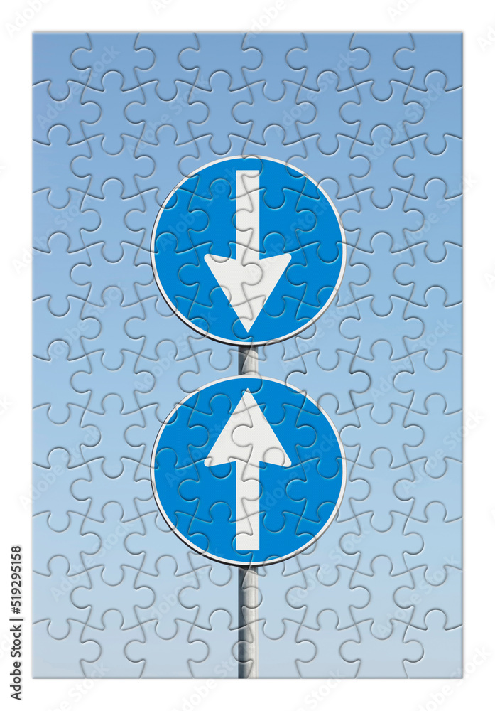 Contradiction concept image with road signs in jugsaw puzzle shape ...