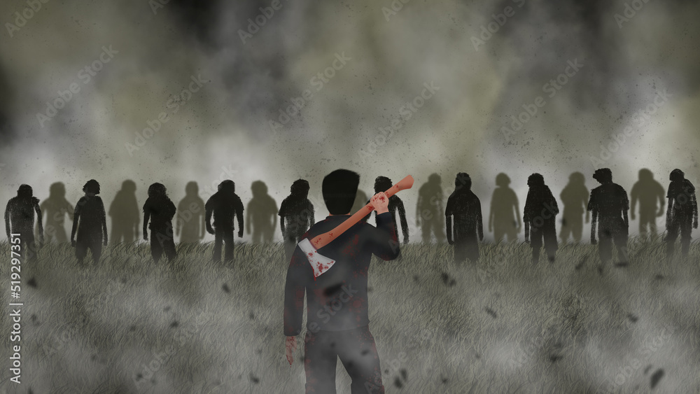 The man with the blood-stained ax was facing a huge horde of zombies. Fighting to survive ...