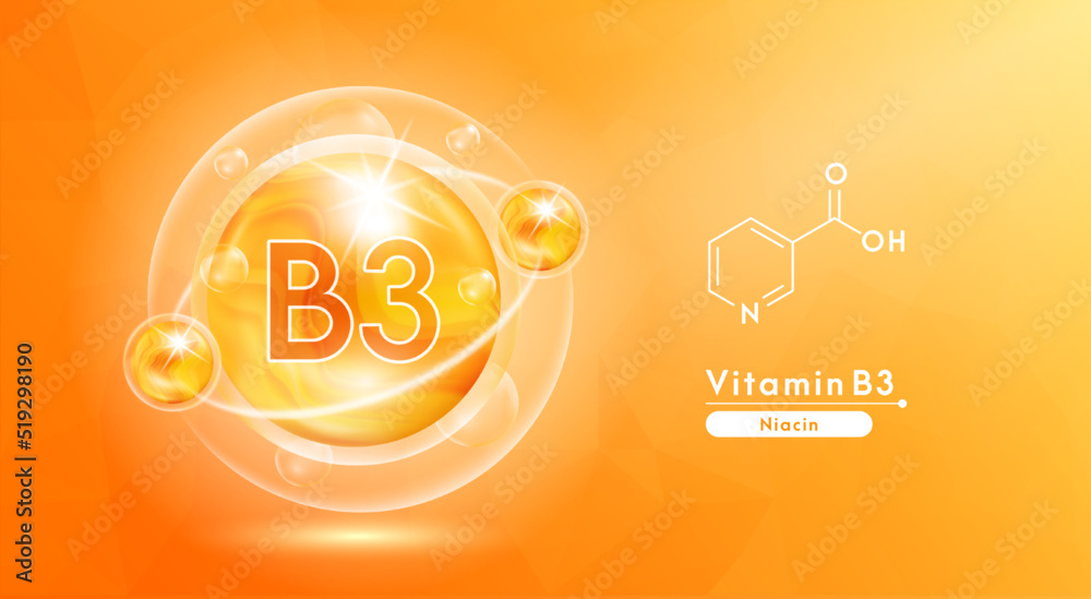 Vitamin B3 orange and structure. Pill vitamins complex and bubble ...