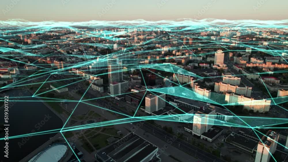 Visualizing the digital network grid, covering the modern city ...