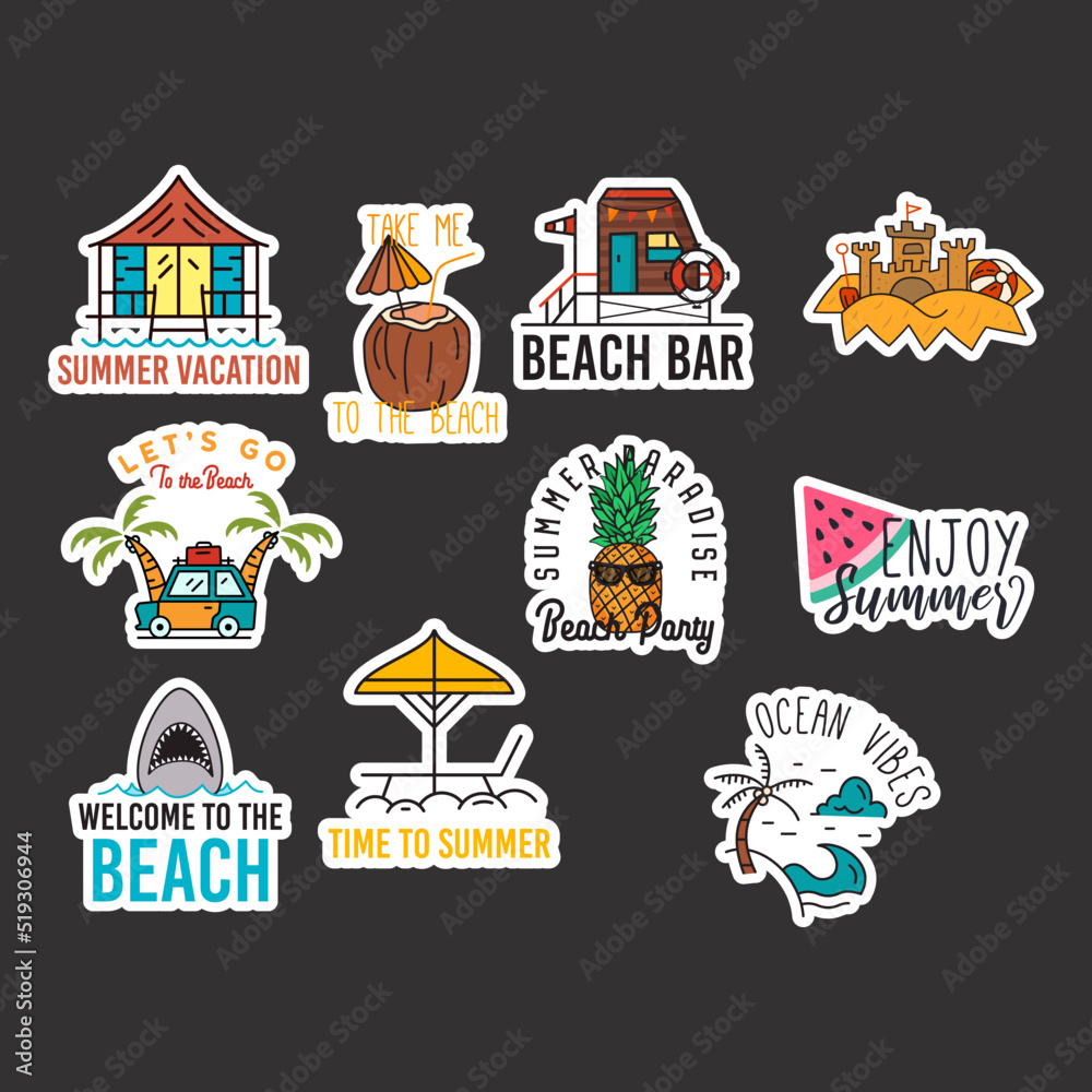 Beach adventure stickers design bundle. Travel hand drawn emblems ...