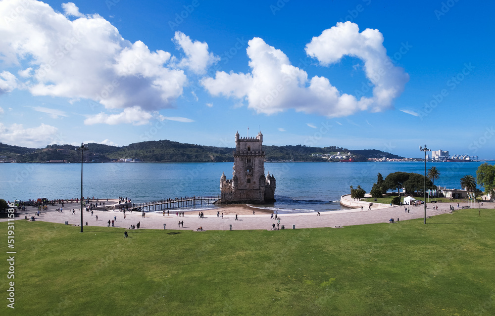 The Belem Tower (Torre de Belém) was built between 1514 and 1520 in a ...