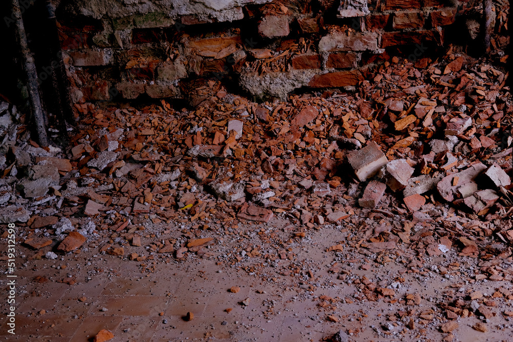 pile of bricks lying around, ruined wall in abandoned building, shelter ...