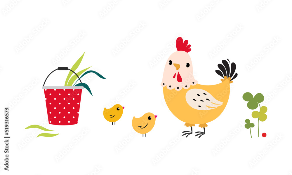 Cute animals working on farm set. Adorable hen with chickens cartoon ...
