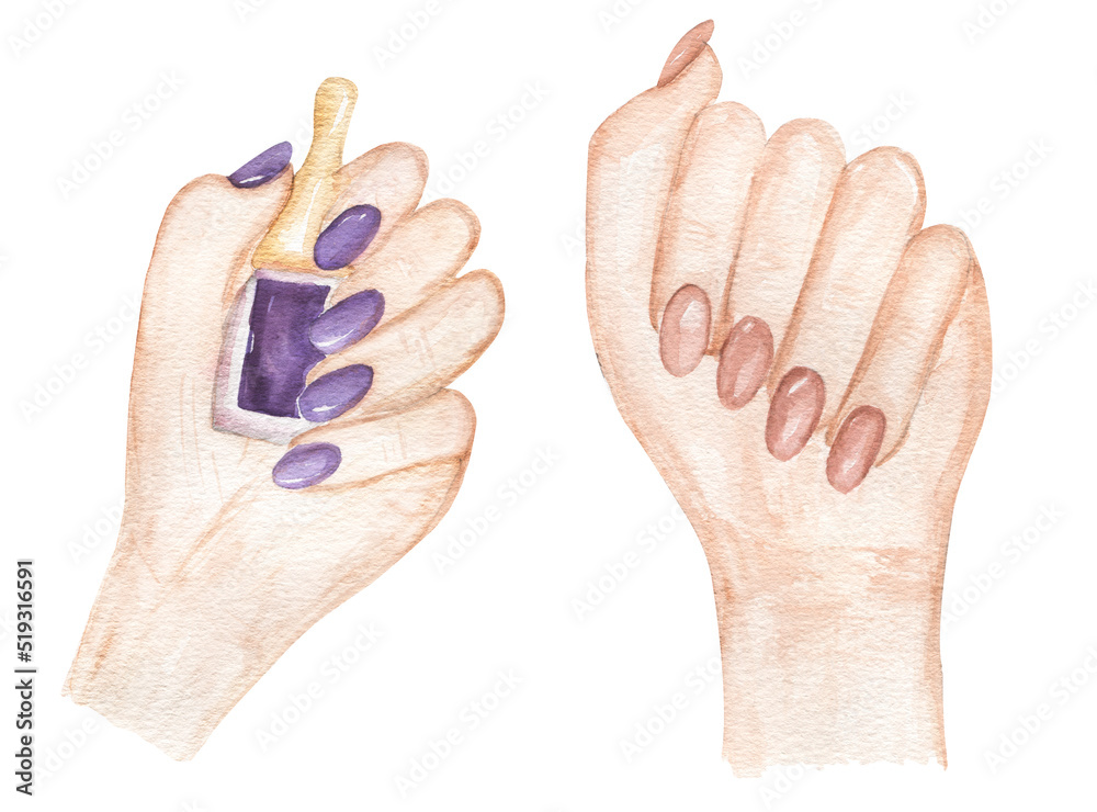 Nail Beauty clipart set, Watercolor hand drawn hand with manicure ...
