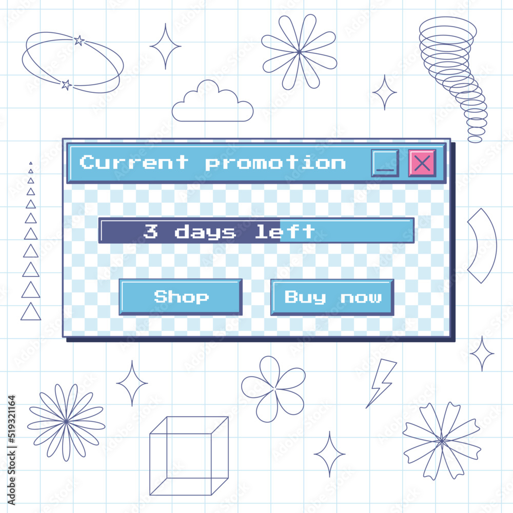 Retro window with progress bar and buttons - shop, buy now. Nostalgic ...