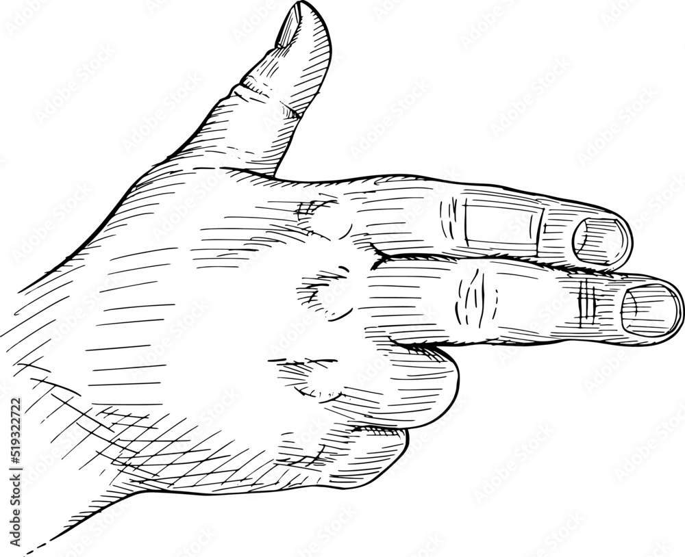 Close-up of hand making the gun sign with three fingers, aiming with ...