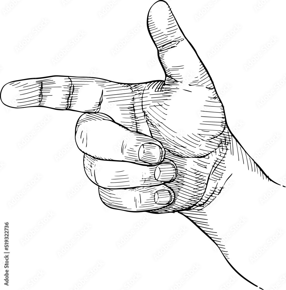 Close-up of hand thumb up and index finger open. Finger gun sign, point ...