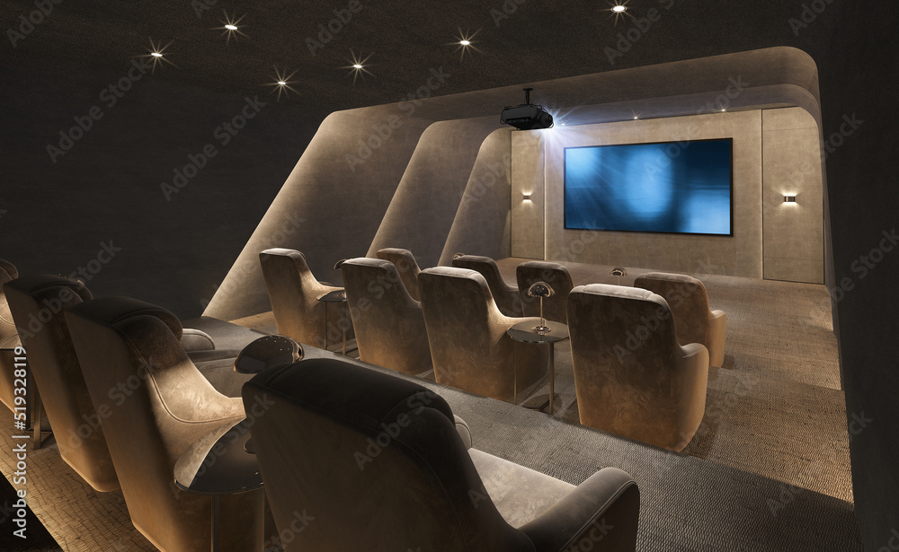 3d render of a back view of a chic home cinema room with hidden lights ...
