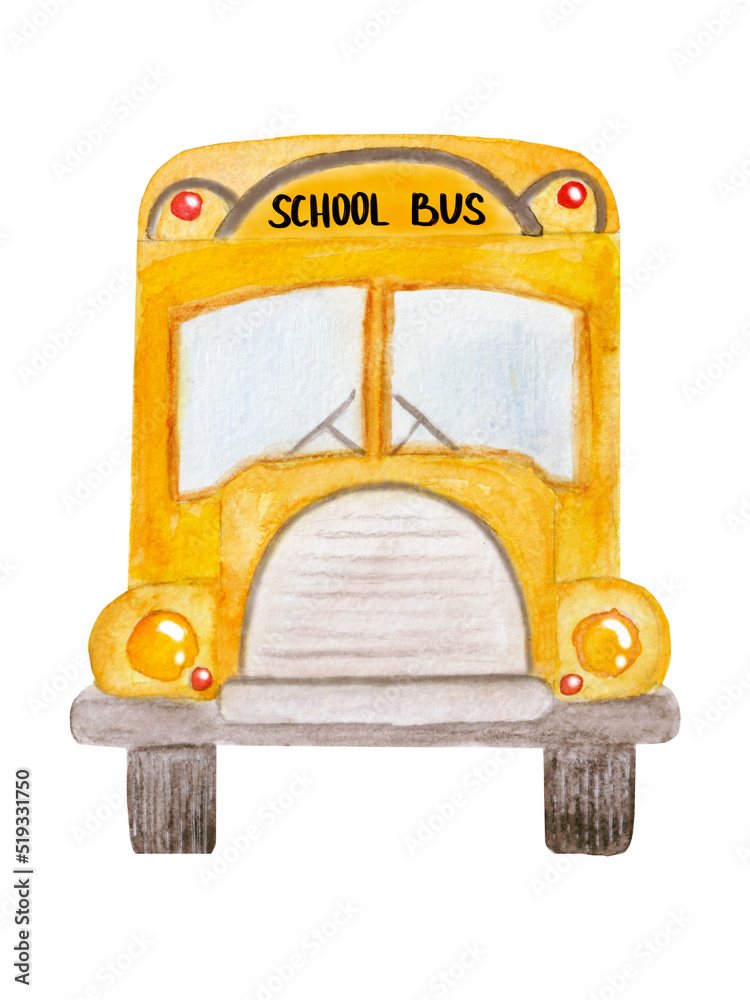 Watercolor bright transport illustration, cute school bus isolated on ...