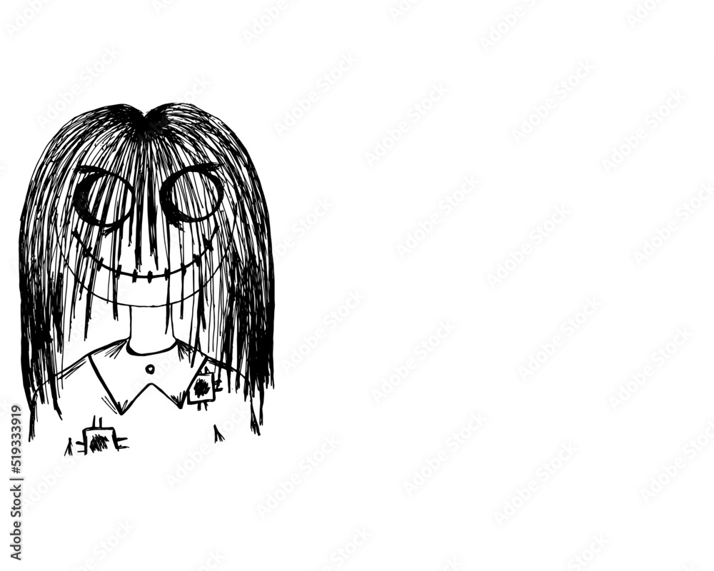 A drawing of a scary girl with black hair and a sewn mouth. Girl from a ...
