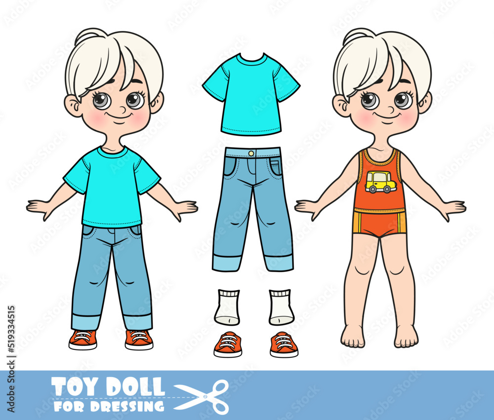 Cartoon blond boy dressed and clothes separately - T-shirt, blue jeans ...