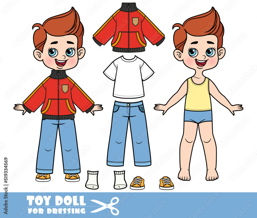 Cartoon boy dressed and clothes separately - white basic T-shirt, jeans ...
