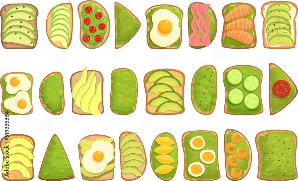 Avocado toast icons set cartoon vector. Bread slice. Wheat breakfast ...