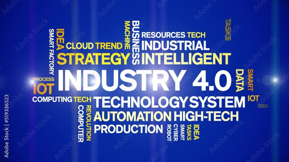 industry 4.0 animated tag word cloud;text design animation kinetic typography seamless loop ...