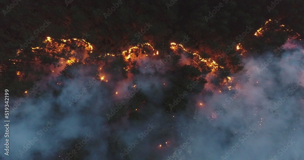 Aerial panoramic view of a forest fire at night, heavy smoke causes air ...