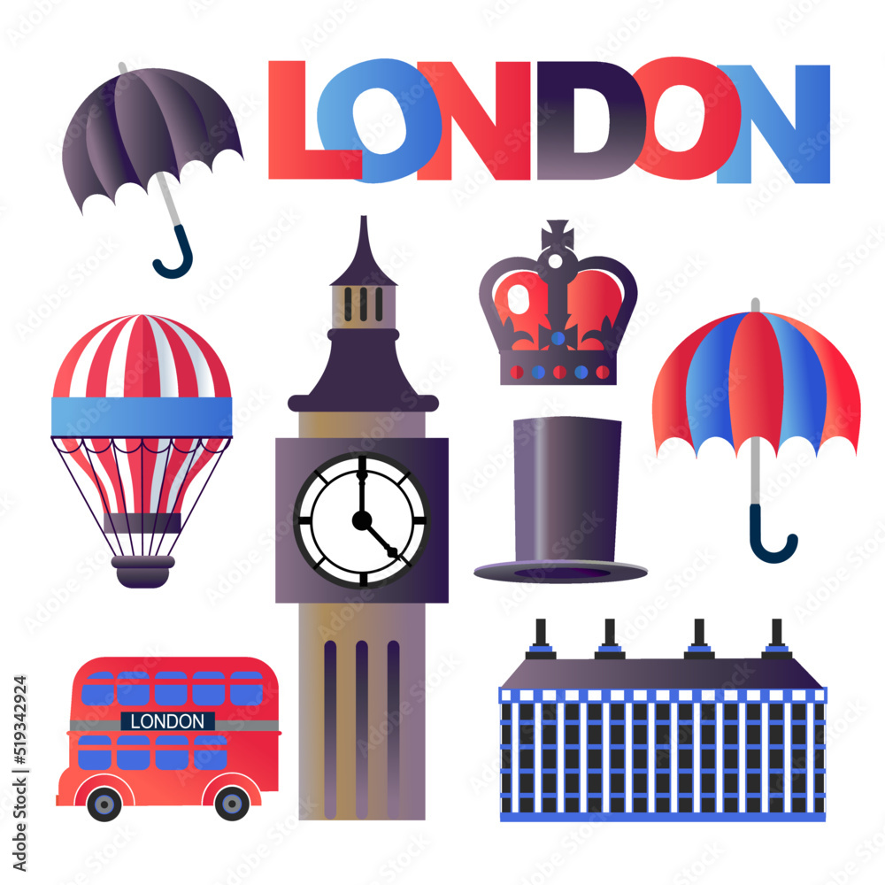 set of british color vector icons. Collection of cartoon London symbols ...