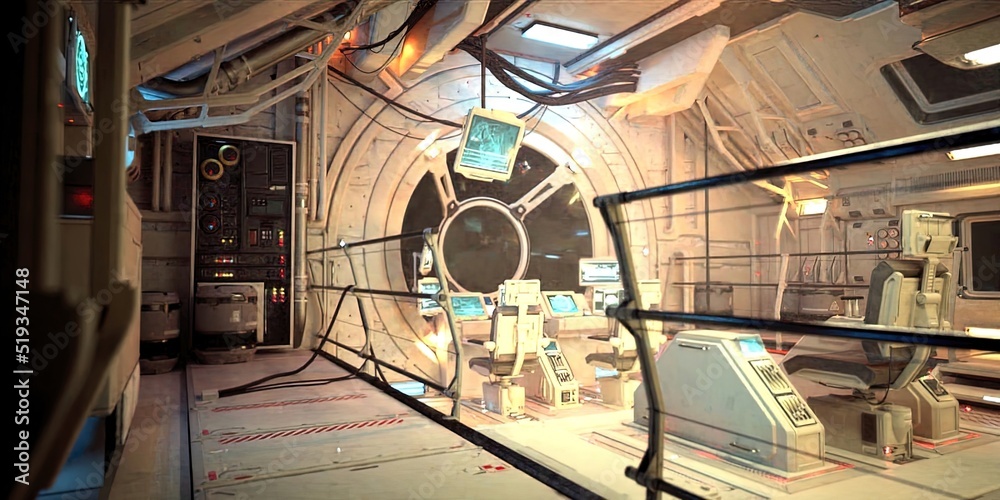 View on a command post of a futuristic spaceship with glowing screens ...