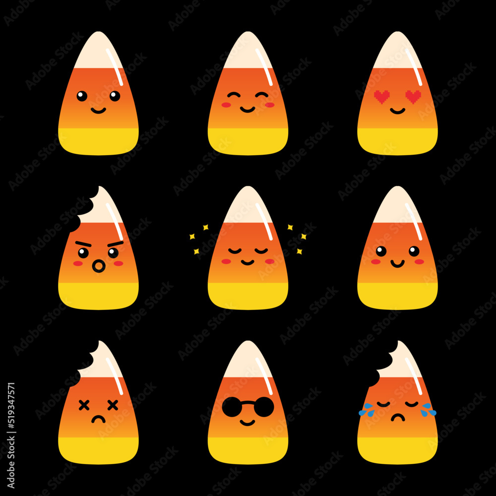 Set, collection, pack of candy corn emoji, vector cartoon style icons ...