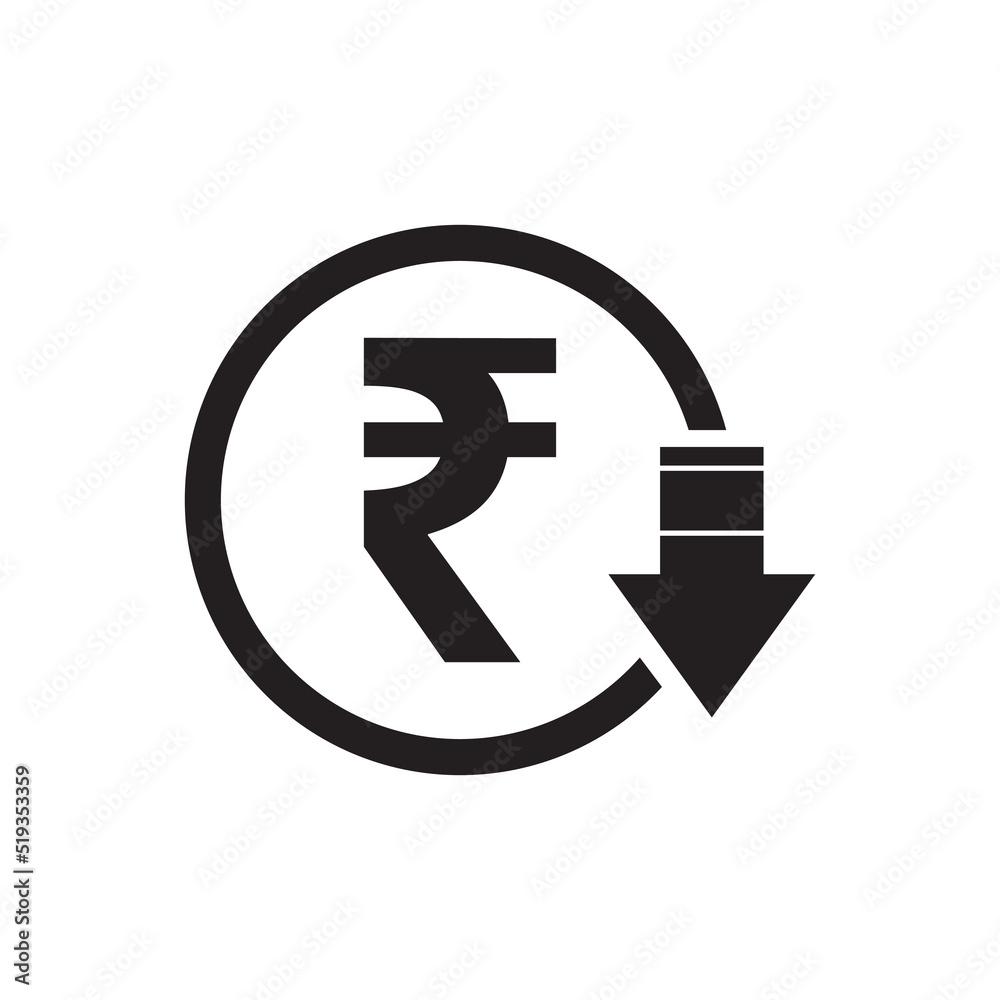Rupee reduction symbol, cost decrease icon. Reduce debt business sign ...