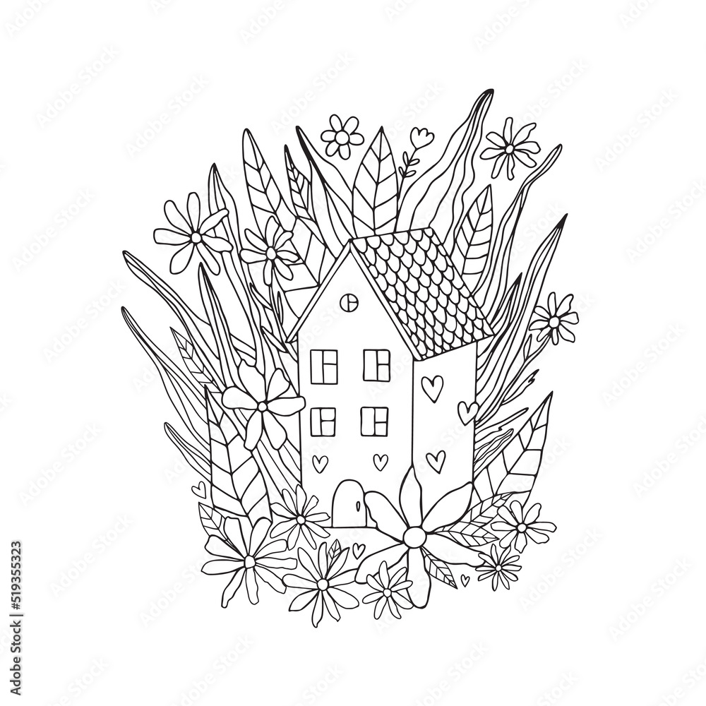 House flowers Coloring pages. Cozy country houses with flowers and leaf ...