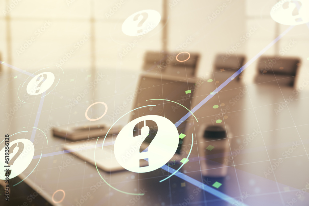 Creative abstract question mark hologram on modern computer background ...