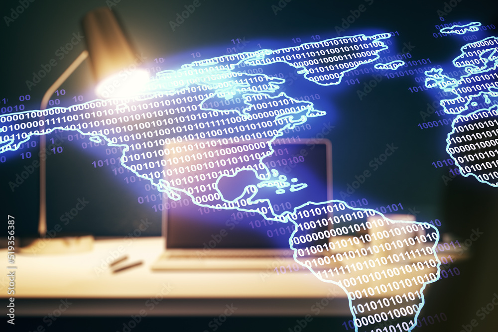 Double exposure of digital America map on laptop background, research ...