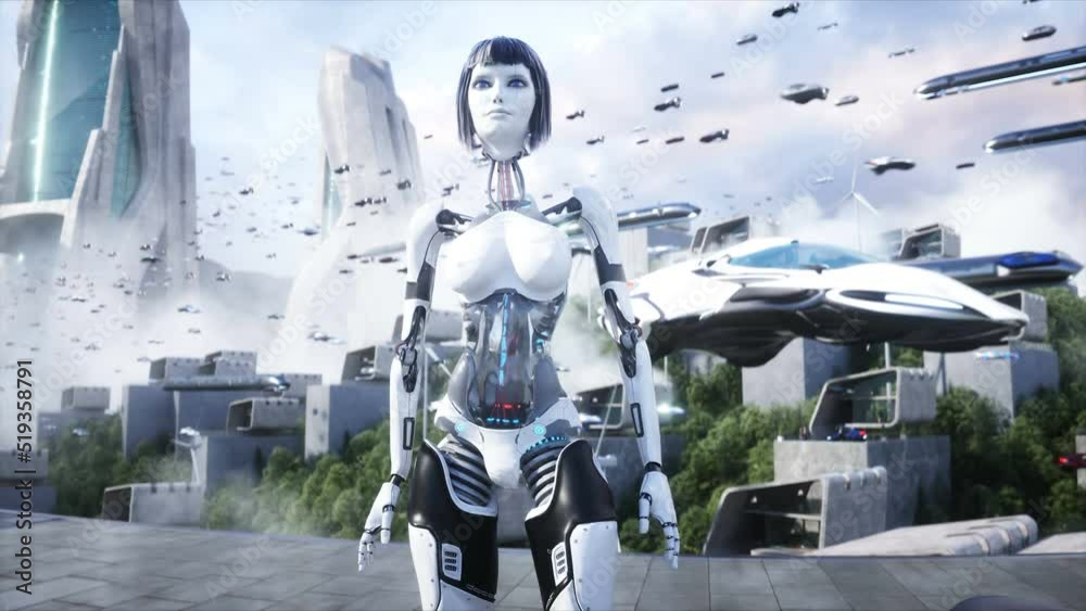 Female robot, droid. Futuristic city. flying car traffic. megapolice ...