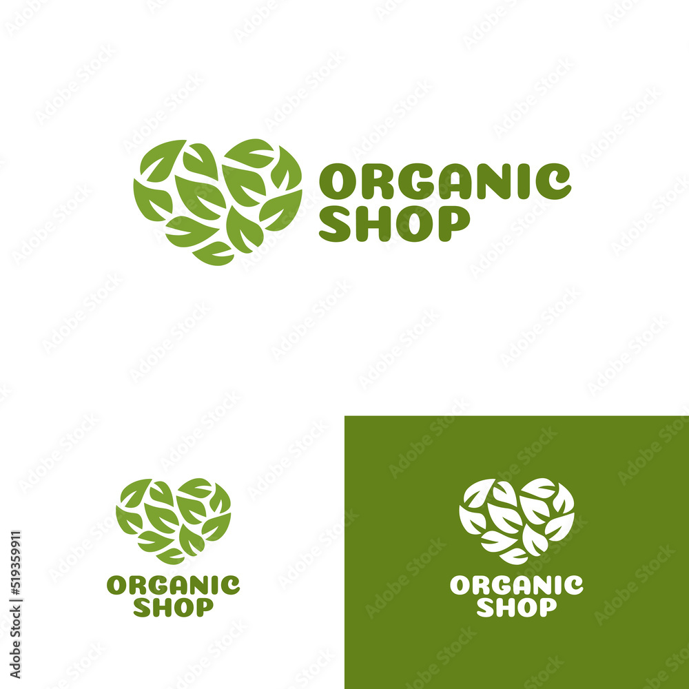 Organic shop logo with green heart consisting of leaves set use for ...