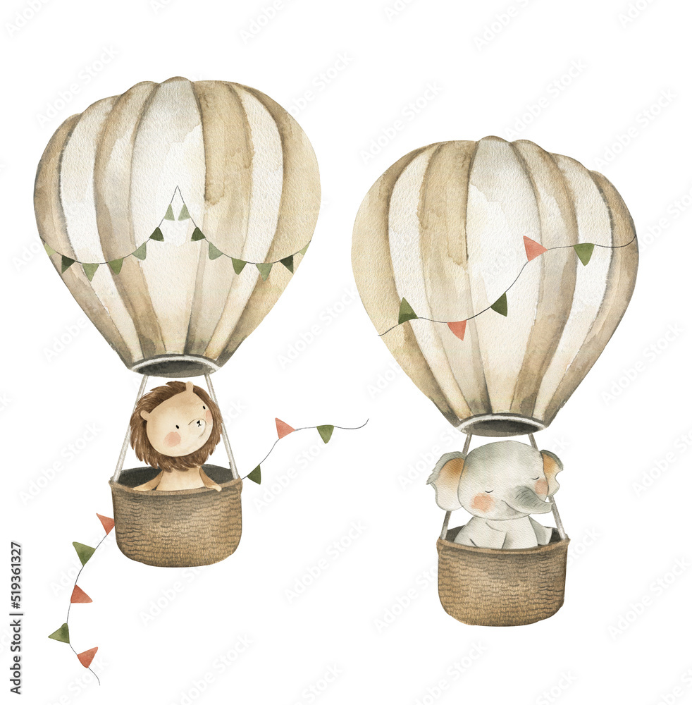 Safari Animals in hot air balloons Baby Watercolor Illustration Stock ...