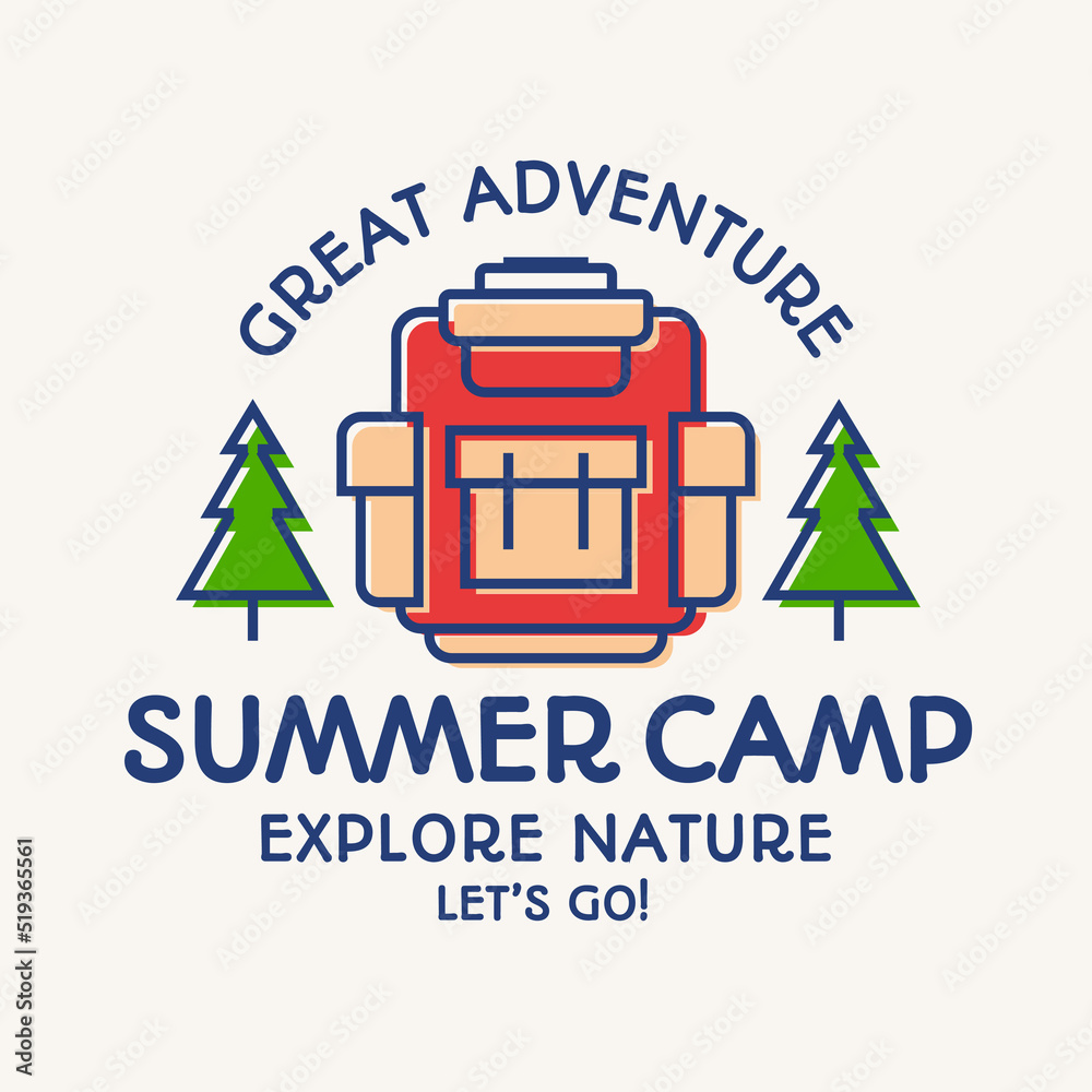 Hike and summer camp card color line style consisting of backpack ...