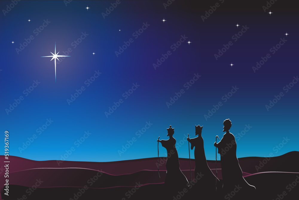 The Three Kings follow the star in the East to Bethlehem. Nativity ...
