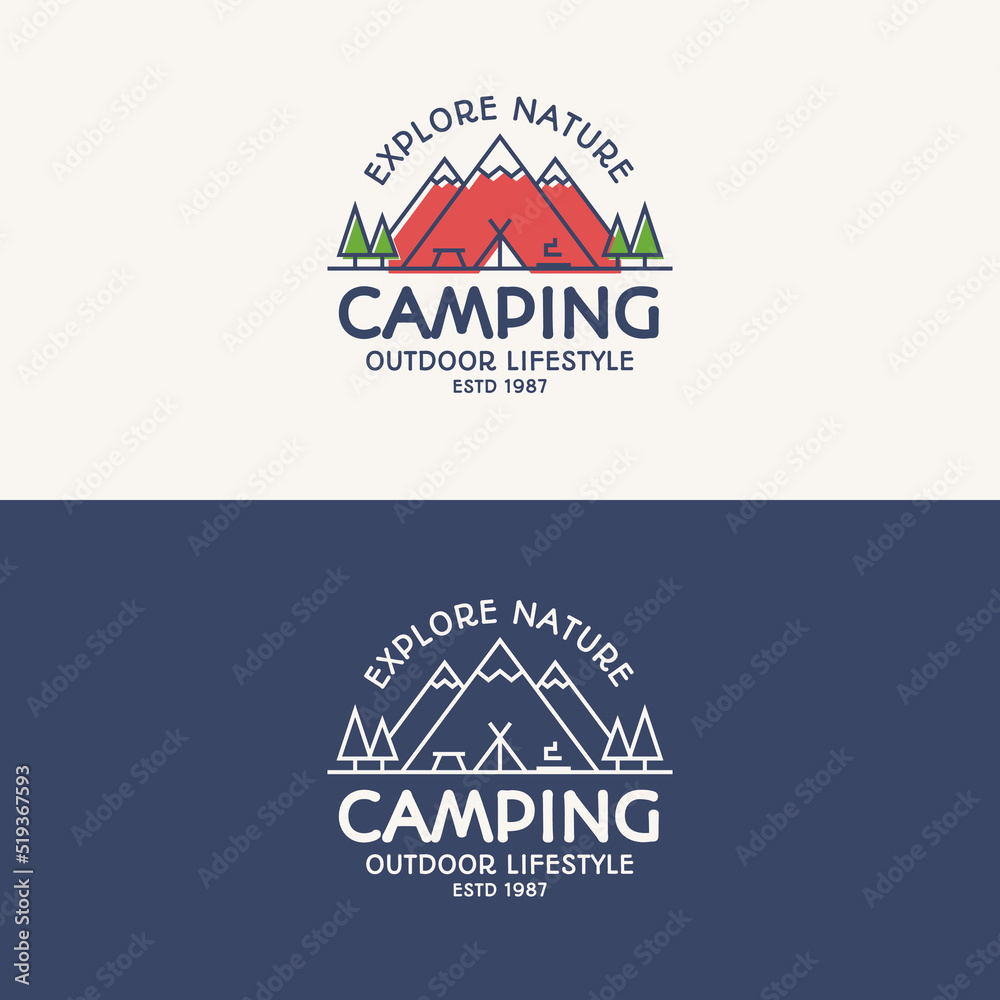 Camping logo set color and line style consisting of mountains, tent ...