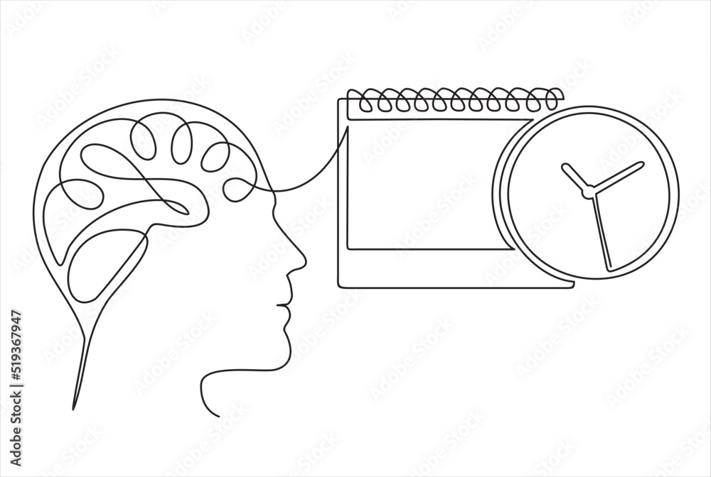 Continuous line modern drawing of a human head and brain thinking about ...