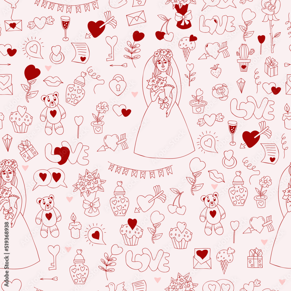 Seamless wedding pattern. Cute bride in wedding dress with bouquet, toy ...