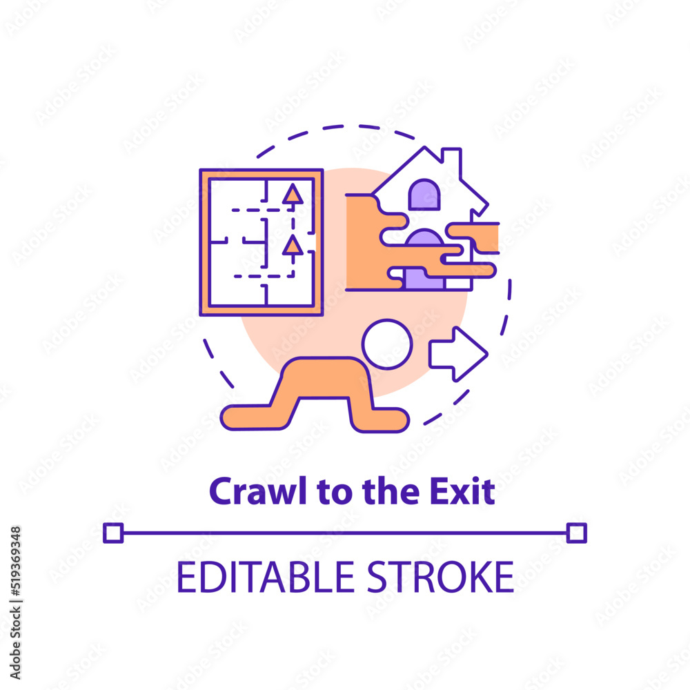 Crawl to exit concept icon. Escape house from fire abstract idea thin ...