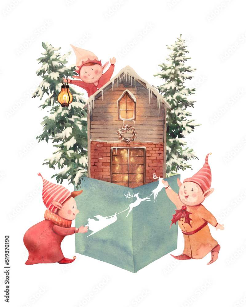 Watercolor Christmas card: Santa Claus elves make present. Hand drawn ...
