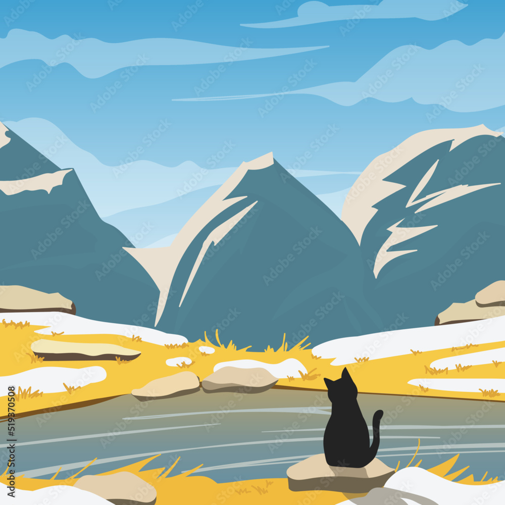 Landscape with cat on hill background. Vector illustration. Stock ...