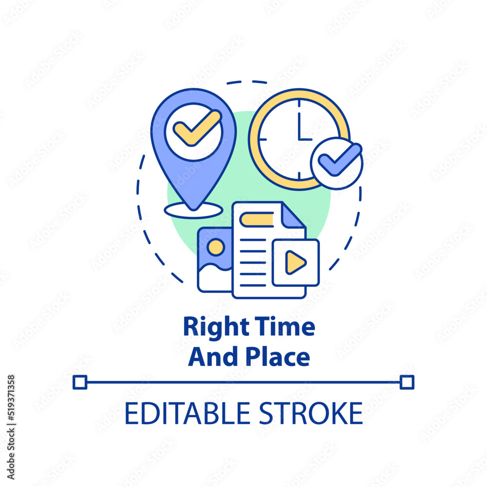 Right time and place concept icon. Marketing strategy. Content tip ... Right time and place concept icon. Marketing strategy. Content tip ...