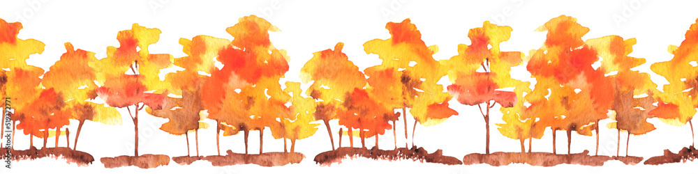 Watercolor fall forest seamless border. Autumn landscape pattern with ...