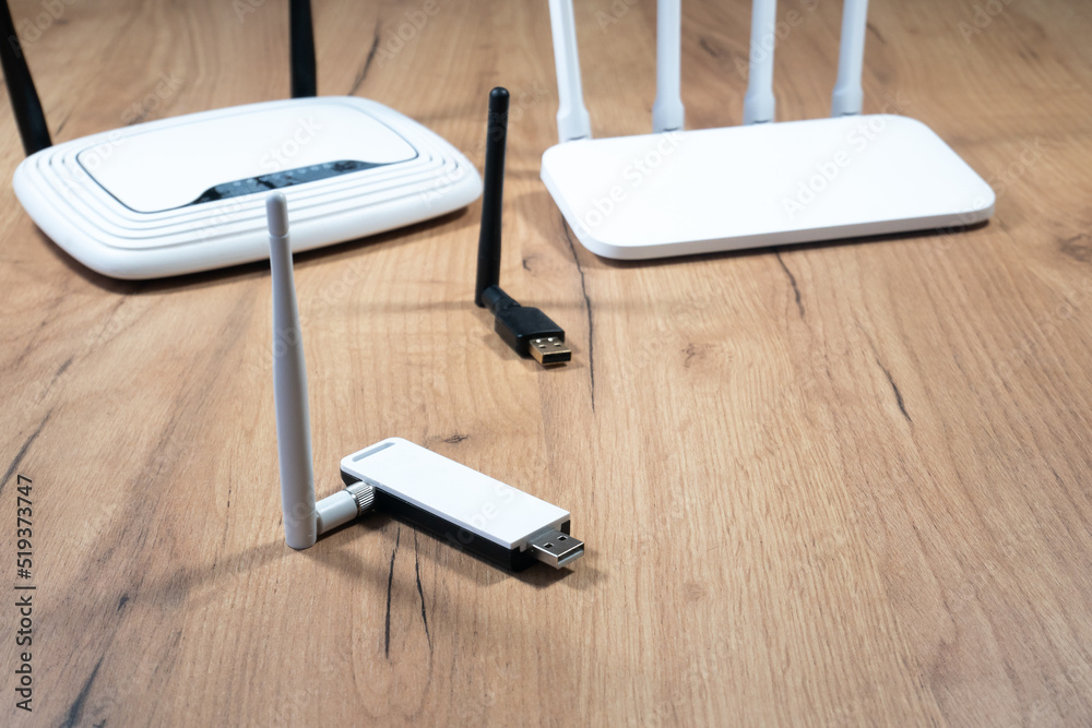 Different types of Wi-Fi routers, modern and old technology. Wireless ...