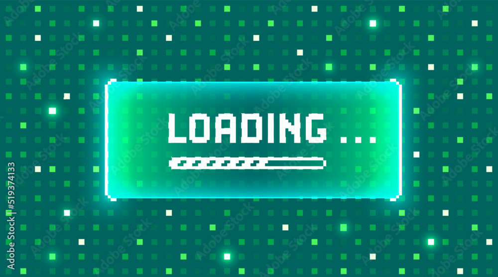 Web banner with phrase Loading. Sci-fi screen background with neon ...