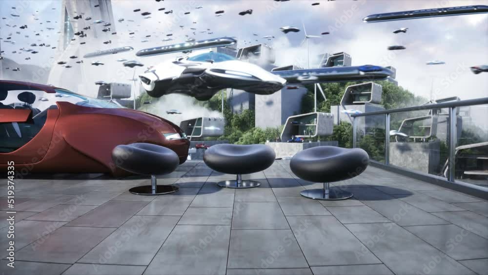 Futuristic city. flying car traffic. Robots and people in megapolice ...