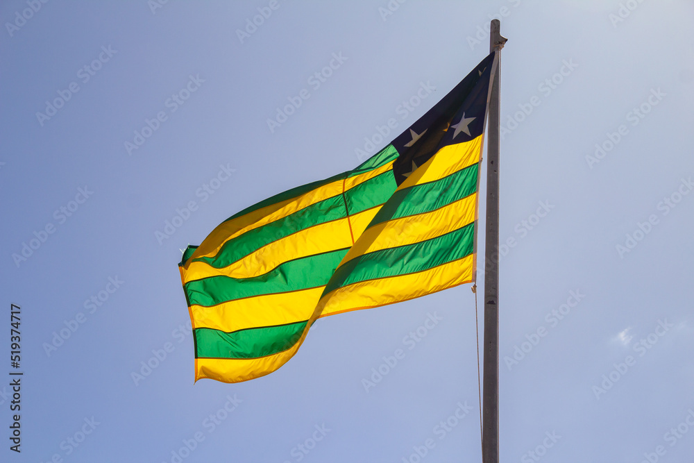 Uma bandeira do estado de Goiás hasteada e balançando ao vento com céu ...