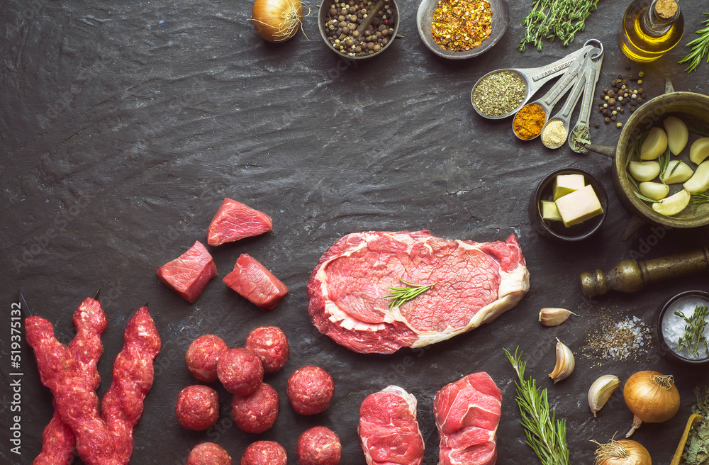 Arabic cuisine; Different types of fresh raw meat placed with fresh ...