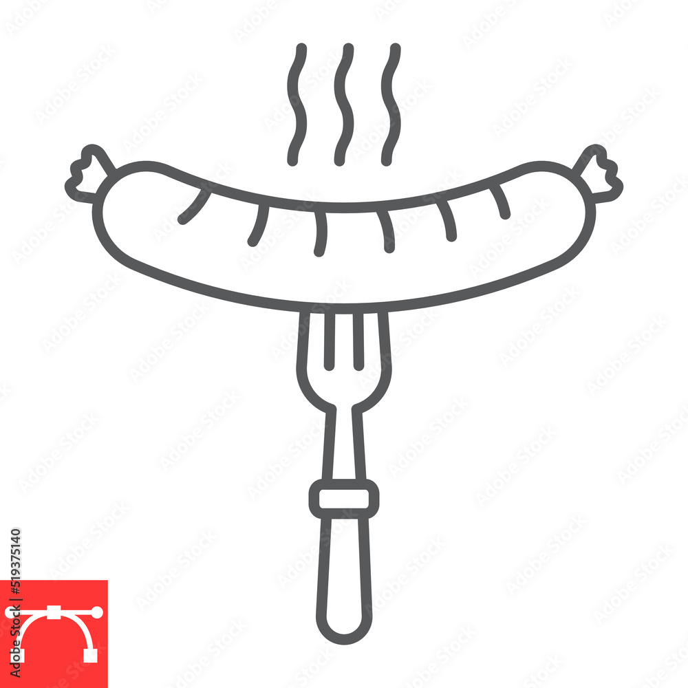 Sausage on fork line icon, meat and oktoberfest, bratwurst on fork ...