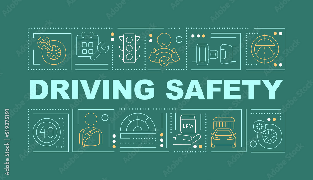 Driving safety word concepts dark green banner. Road rules ...